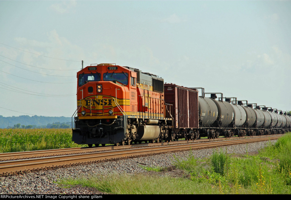BNSF 9991 Work's dpu on a sb Loaded oil train.